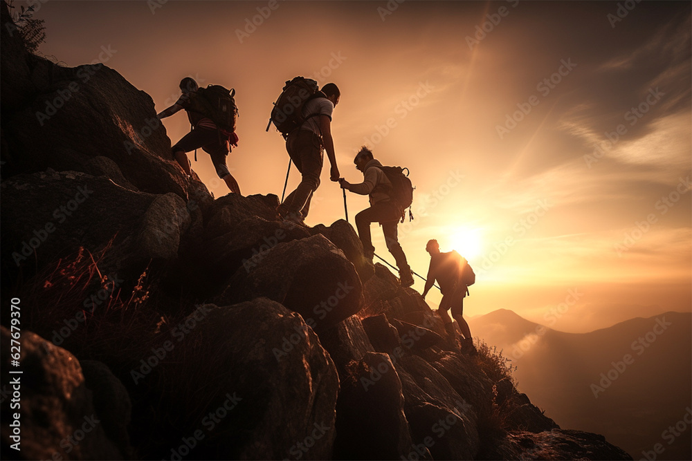 Silhouettes of people or hikers climbing a mountain. Determination and ...