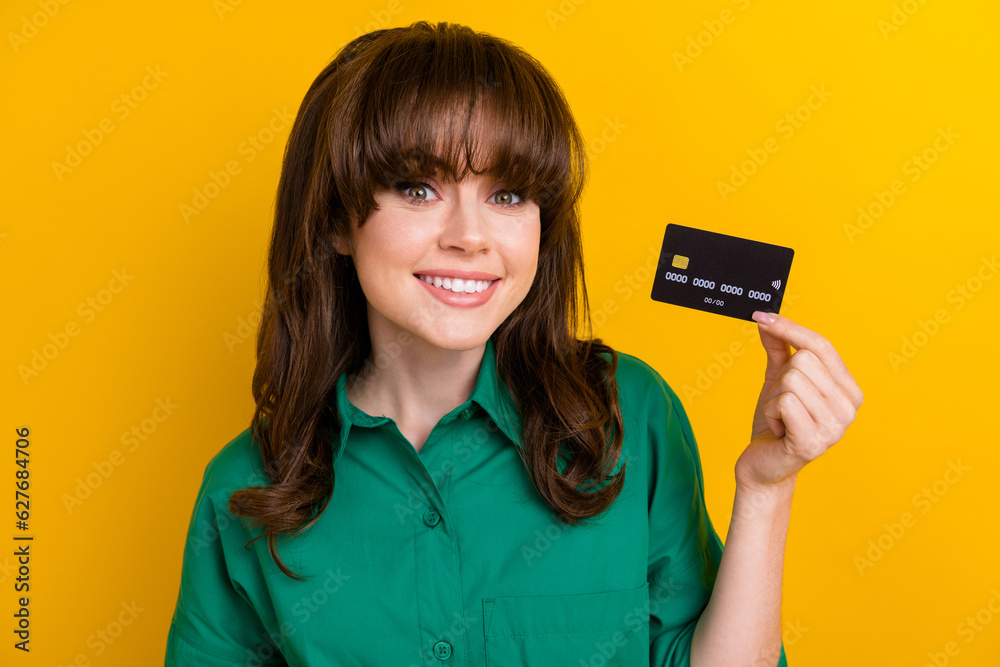 Photo of cheerful positive woman dressed green shirt smiling rising ...