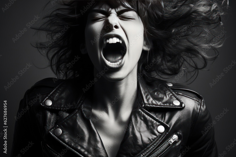 Portrait of a beautiful rocker woman in a black leather jacket on a ...