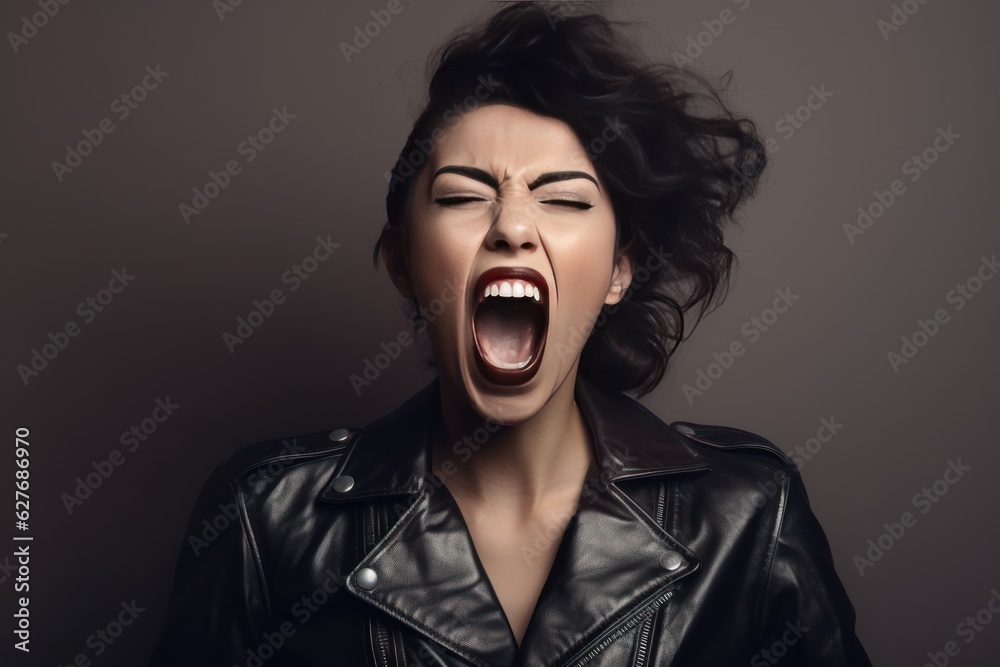 Portrait of a beautiful rocker woman in a black leather jacket on a ...