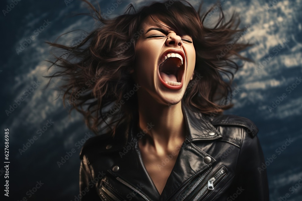 Portrait of a beautiful rocker woman in a black leather jacket on a ...