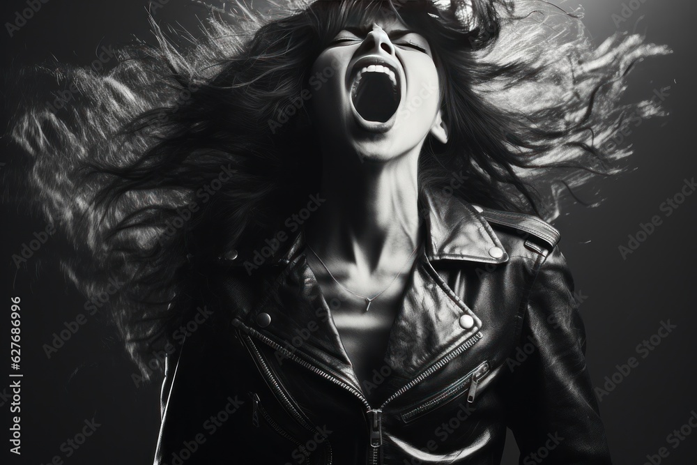 Portrait of a beautiful rocker woman in a black leather jacket on a ...