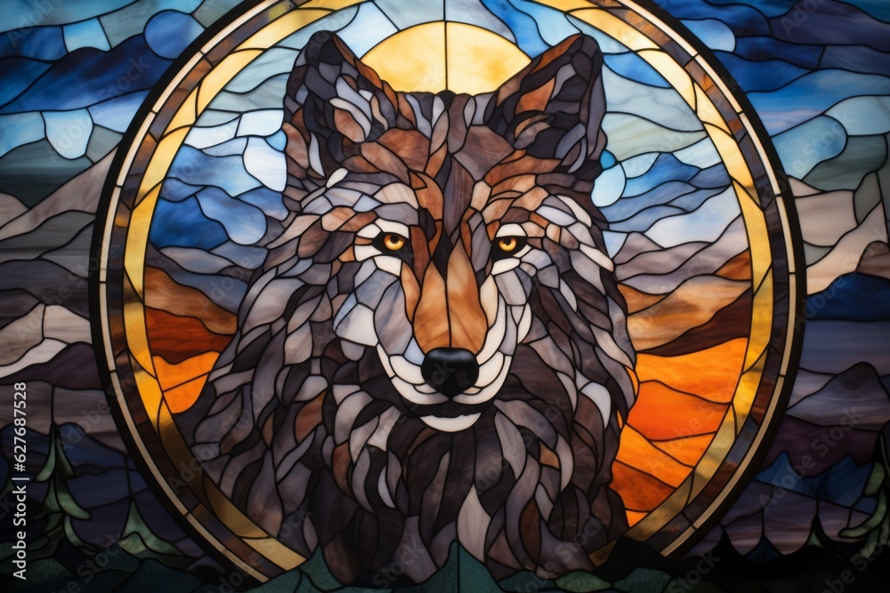 Stained-glass window of a wolf under the moon. Beautiful illustration ...