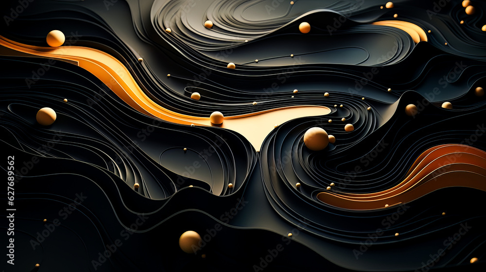 Incredible fantasy black and gold background. Balls, circles, golden ...