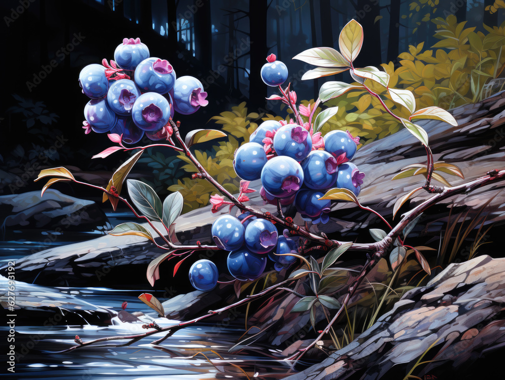 Dynamic background, hyperrealistic blueberry bush in the forest ...