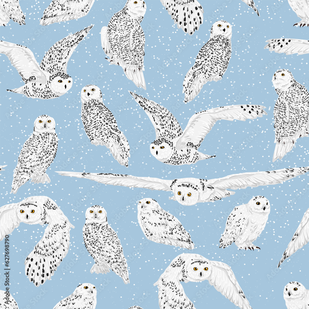 Seamless pattern with snowy owl Bubo scandiacus in different poses ...