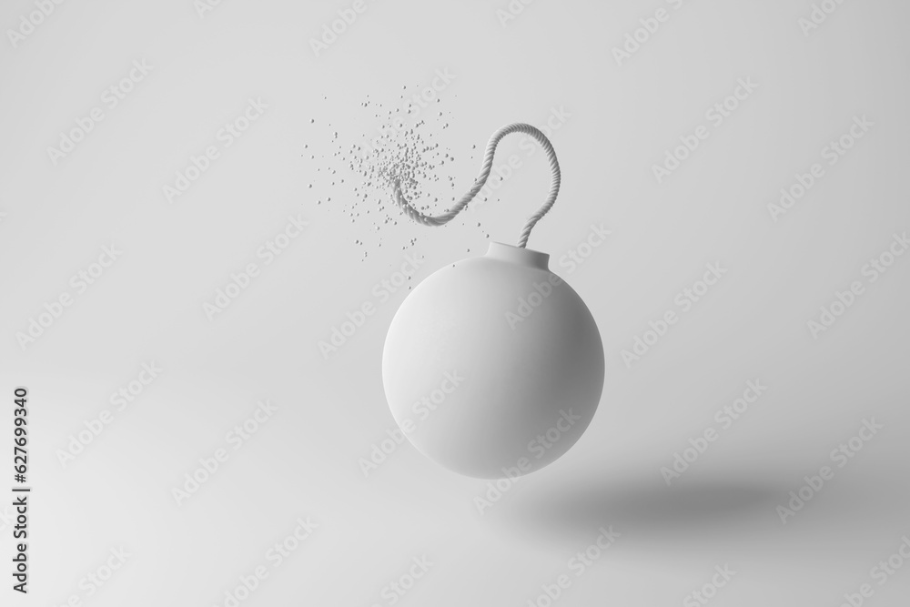 Ignited cannon bomb on white background in monochrome and minimalism ...