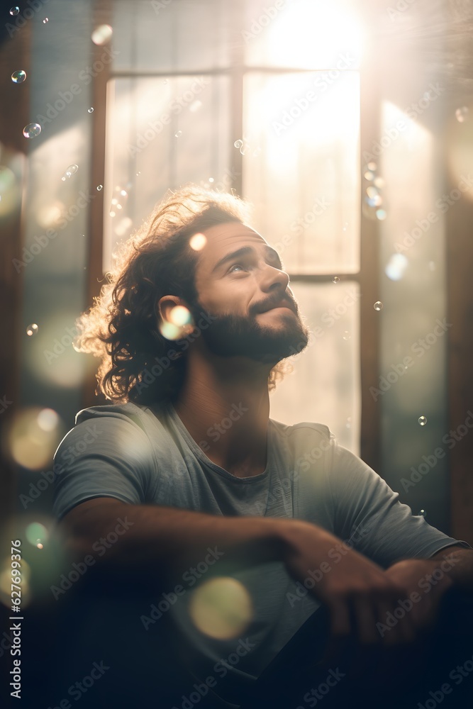 Relaxed adult man breathing fresh air with bubbles representation of ...