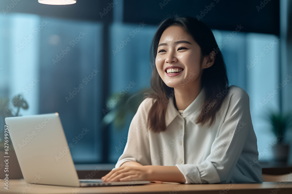Asian office working girl with a radiant smile sits in front of her ...