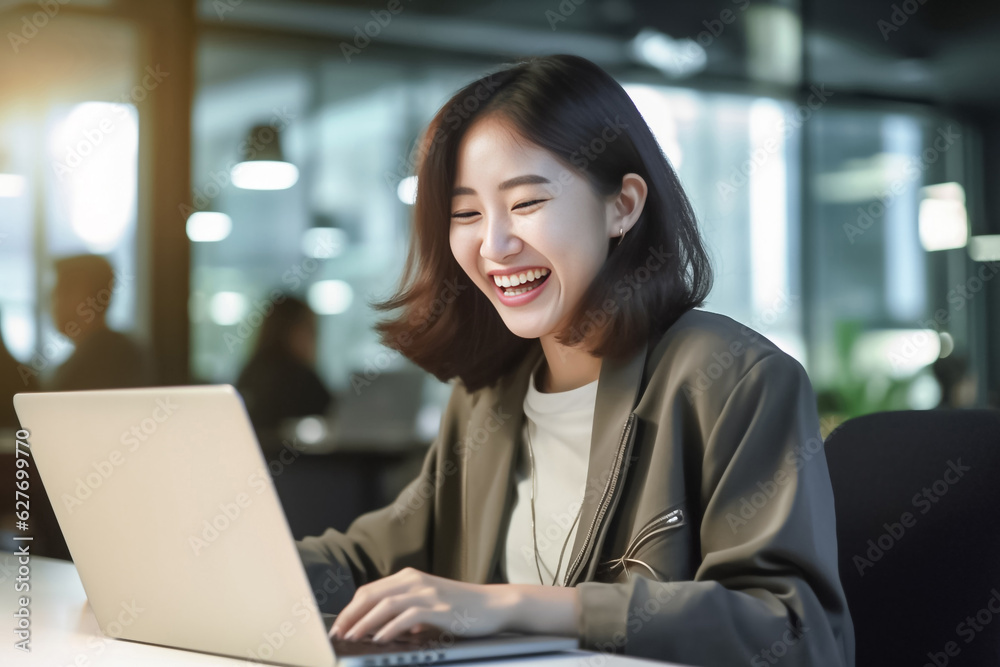 Asian office working girl with a radiant smile sits in front of her ...