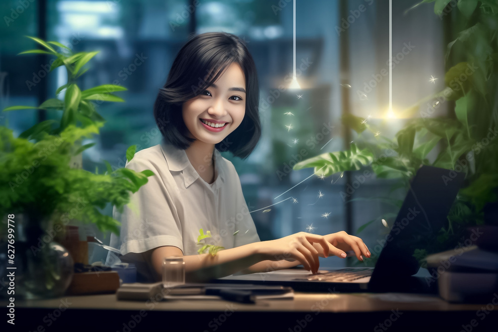Asian office working girl with a radiant smile sits in front of her ...