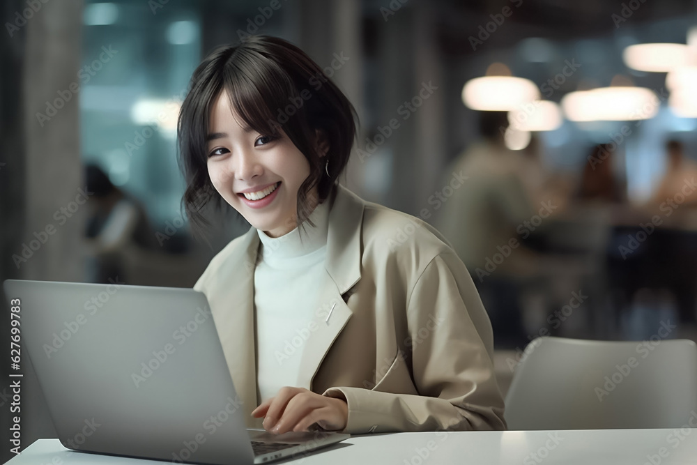 Asian office working girl with a radiant smile sits in front of her ...