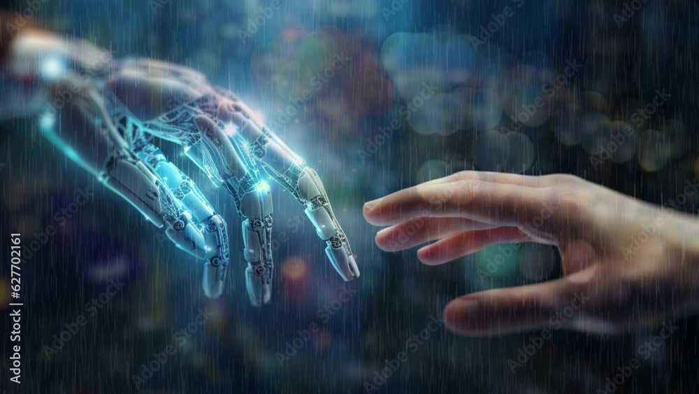 Robot Helping Hand. Human hand reaching out to touch a robot hand with ...