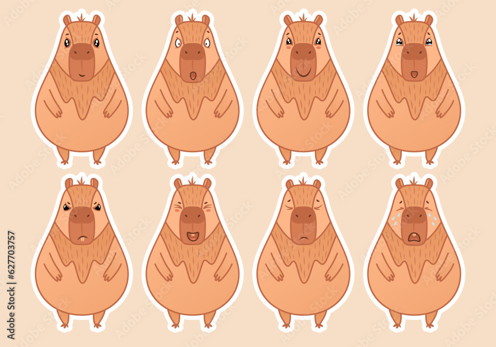 Vecteur Stock Cute capybara with different emotions. Emoji cartoon ...