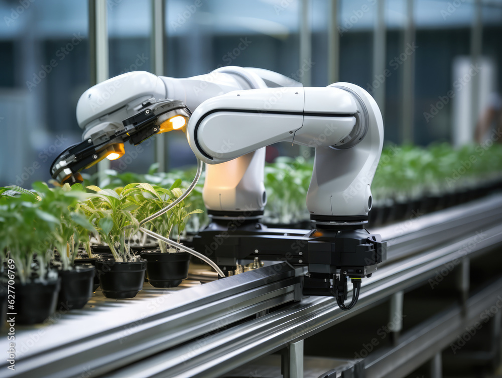 6 axis robot arm monitoring crops in modern technology agriculture ...