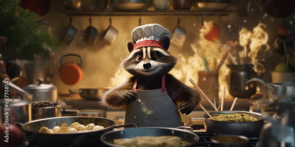 Hilarious Raccoon as Master Chef, Creating Culinary Magic in Kitchen ...