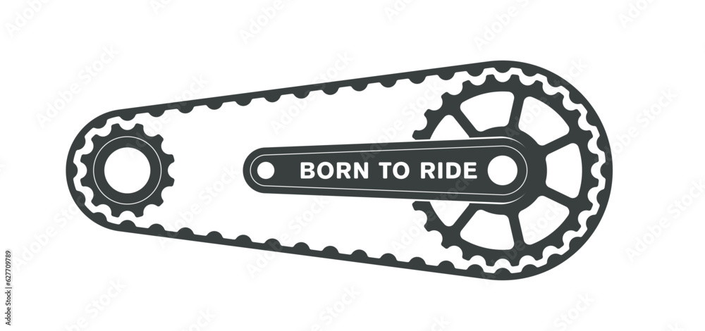 Vector black symbol crankset with circular bicycle chain an text: Born ...