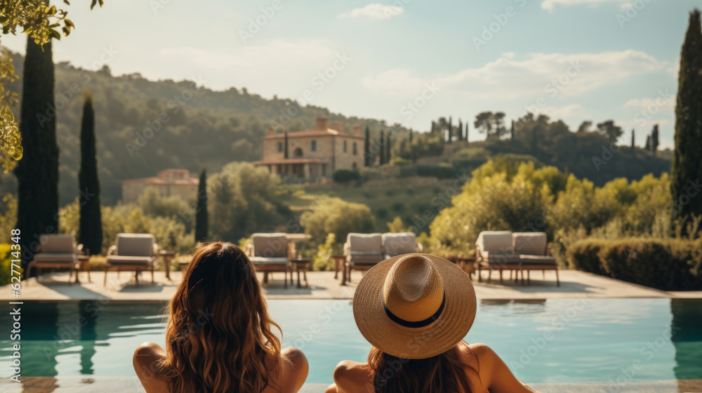 Beautiful classy women laying by the pool of a Tuscan Villa with luxury ...