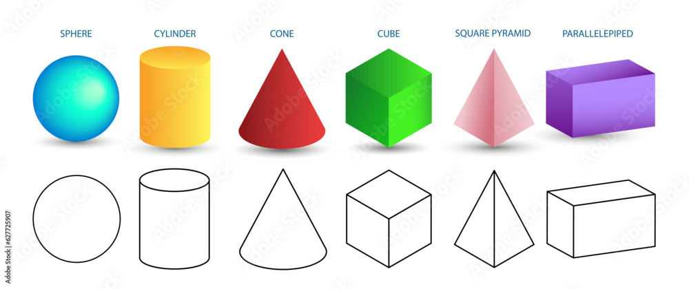 Set of 3d geometric shapes. Isometric views of sphere, cylinder, cone ...