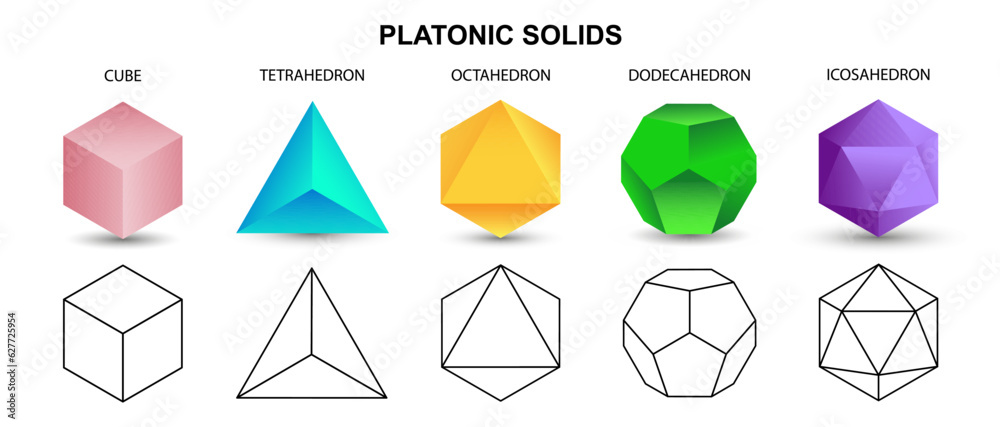 Set of colorful vector editable 3D platonic solids isolated on white ...