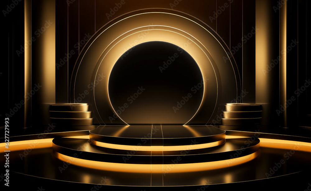 Elegant golden and stage backdrop with a podium on a black background ...
