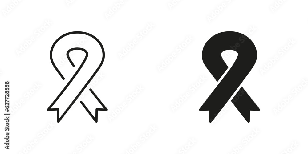 Cancer Ribbon Loop Line and Silhouette Black Icon Set. Support People ...