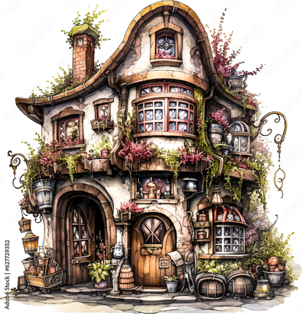 Vector for a water color drawing of a house with a potted plant on the ...