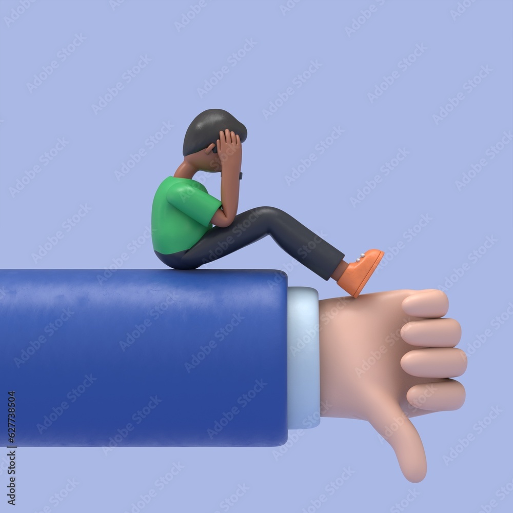 3D illustration of afro man David sits on a big hand dislike. Unhappy ...