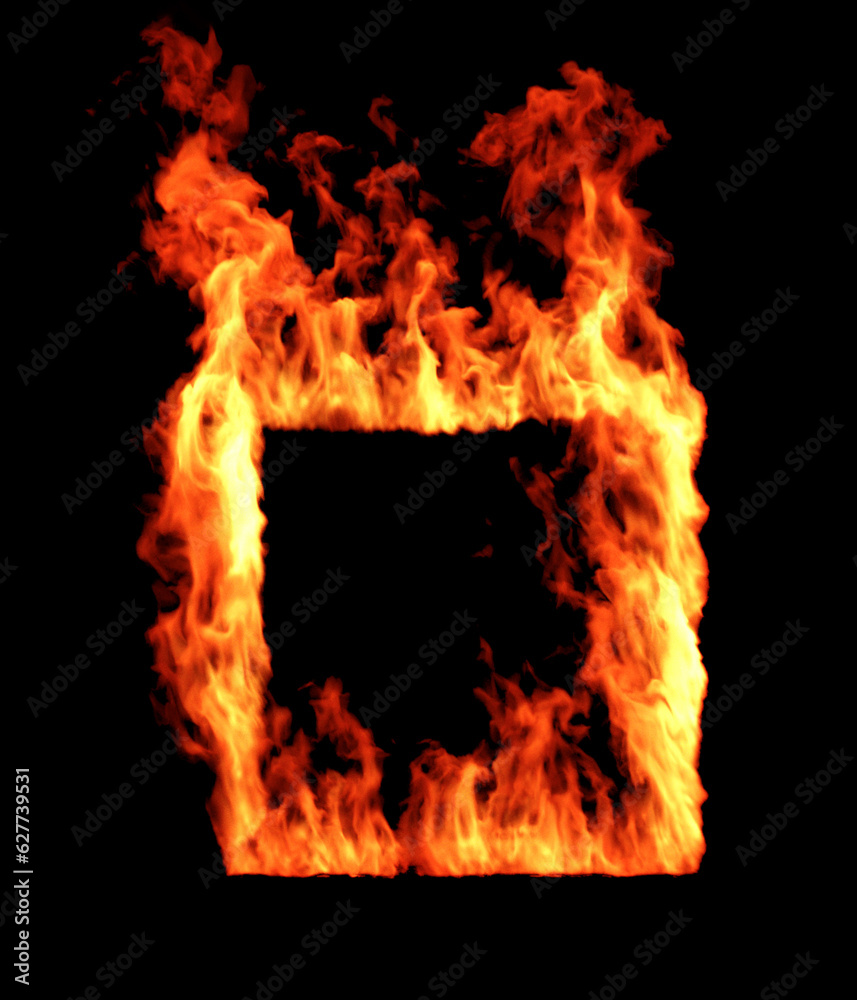 Realistic blazing flames fire square frame shapes on black backgrounds ...