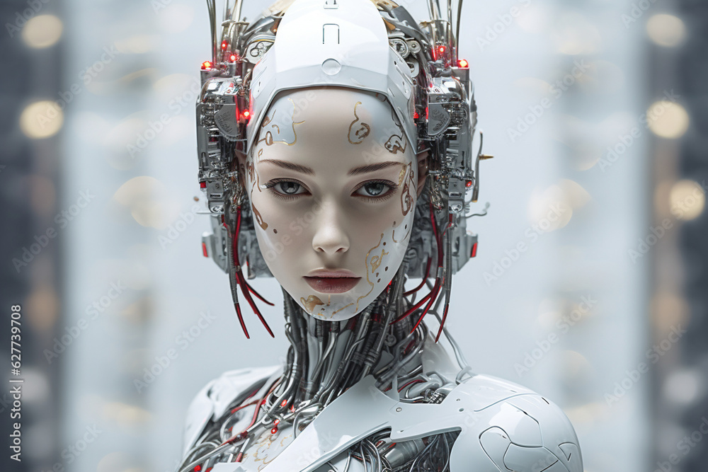 A visually stunning portrayal of a female robot adorned with augmented ...