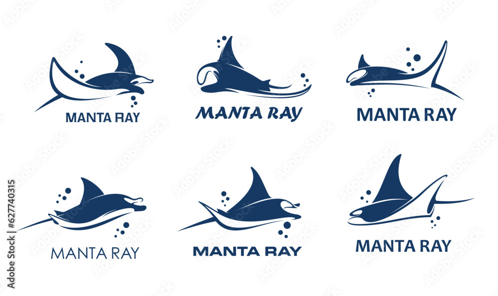 Manta ray animal icons, stingray or sting ray fish on water wave with ...