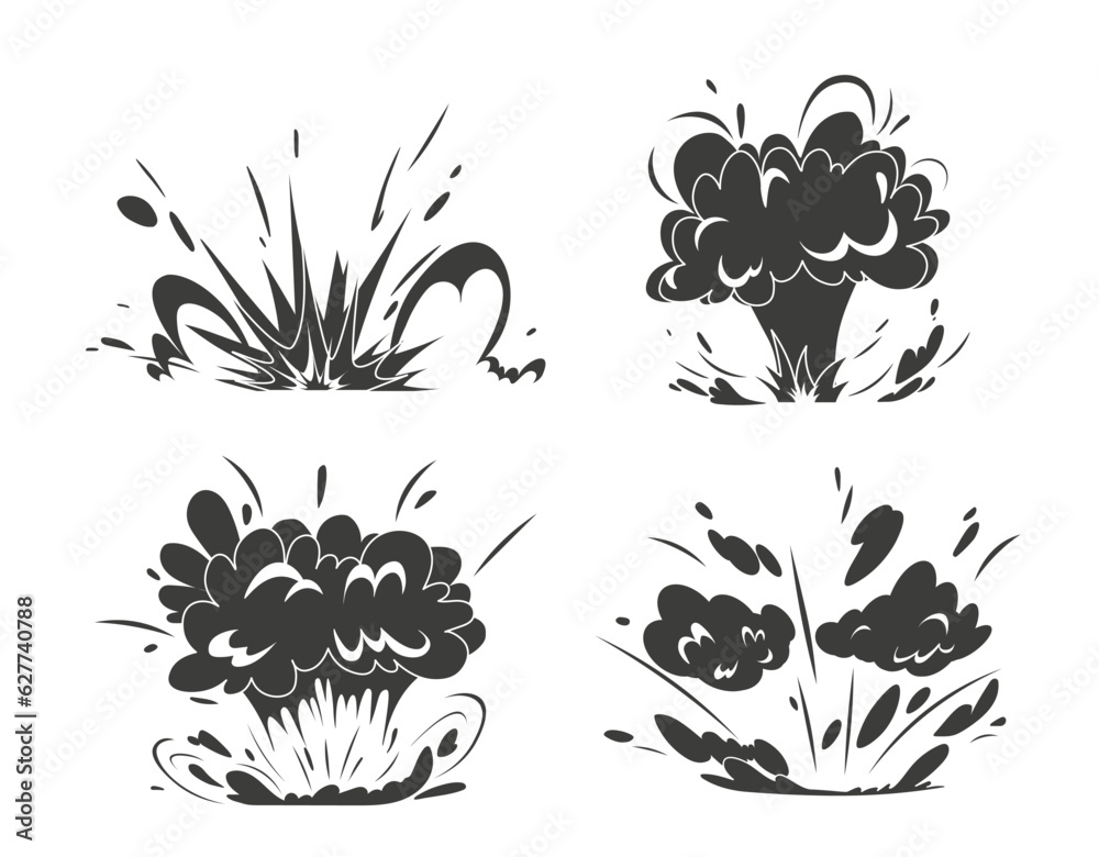 Set of black bomb explosions concept. Destruction and detonation ...