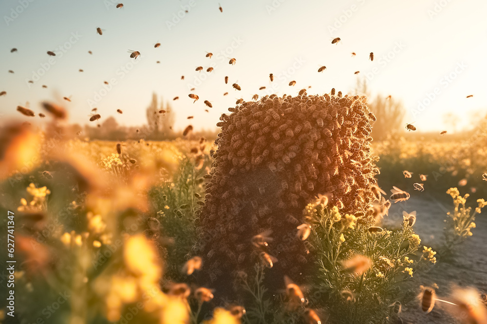 Swarm of bees. A lot of bees swarms around meadow. Honey bee ...