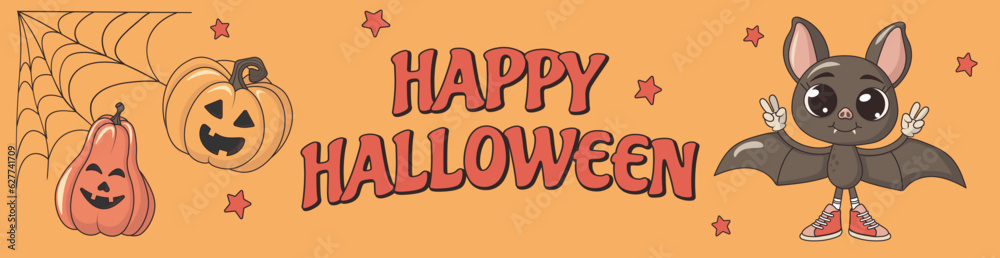 Happy halloween vintage groovy banner with pumpkins and bat on a orange ...