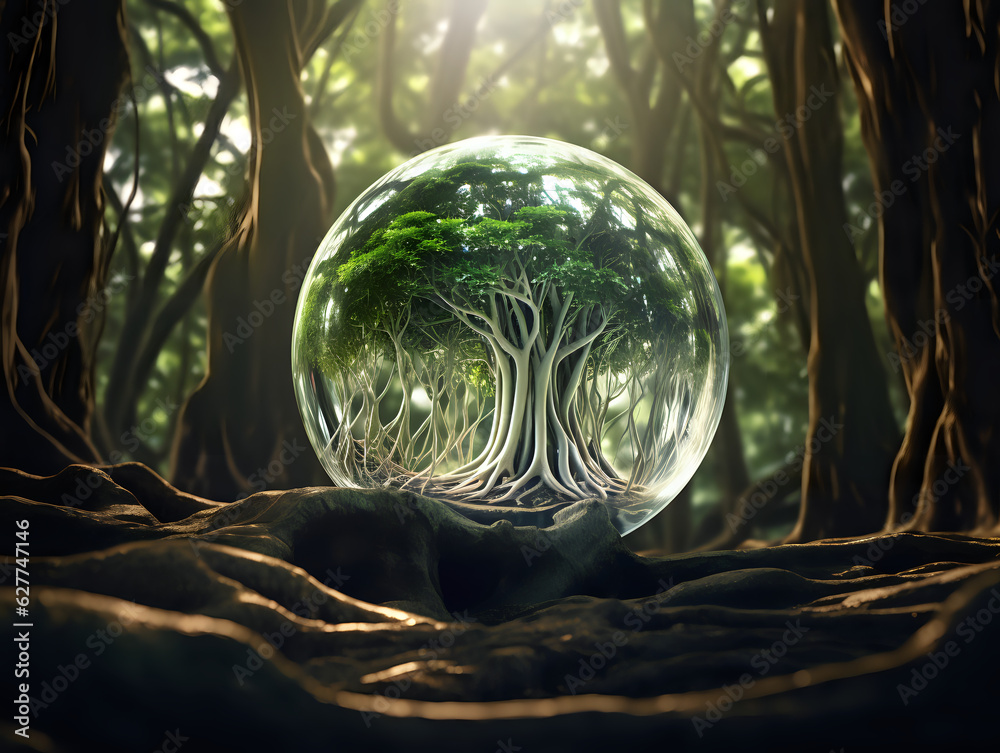Banyan tree growing in a glass orb, forest background, dynamic lights ...