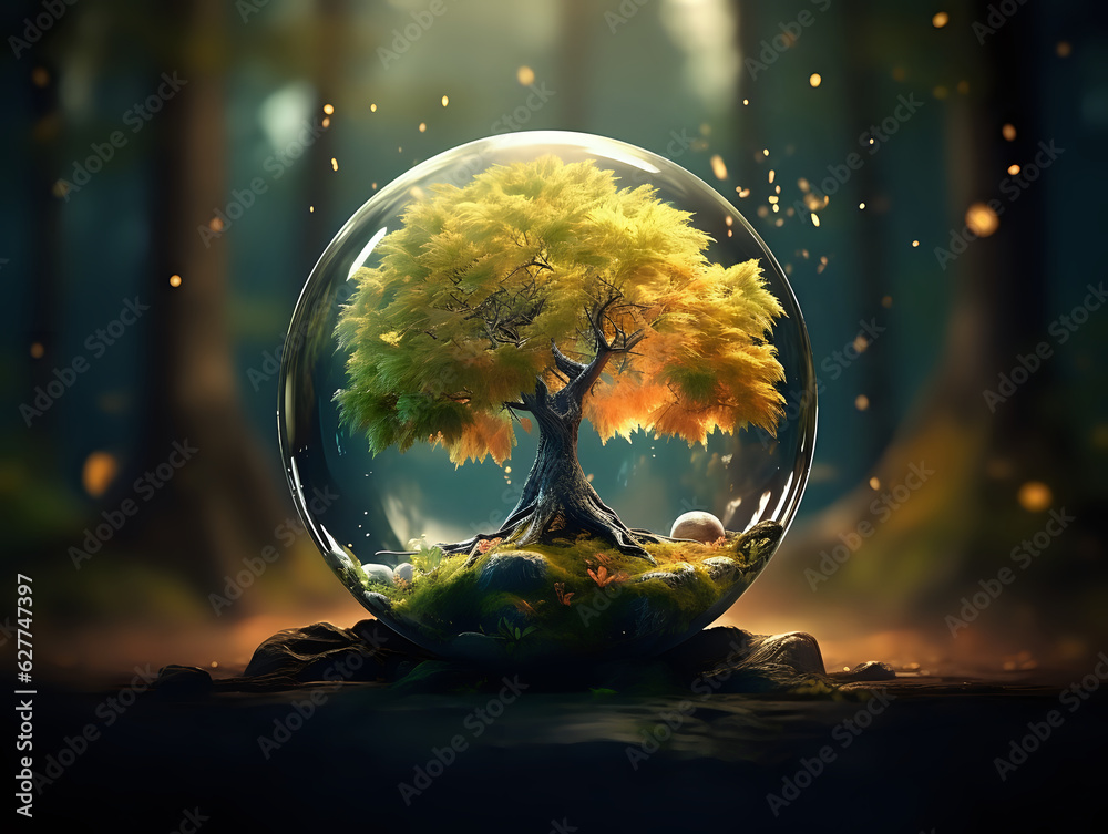 Maple tree growing in a glass orb, forest background, dynamic lights ...