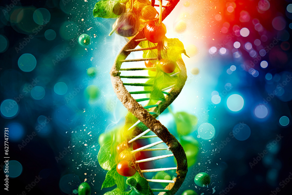 Helix DNA strand of GMO food. Genetically modified crop, biotechnology ...