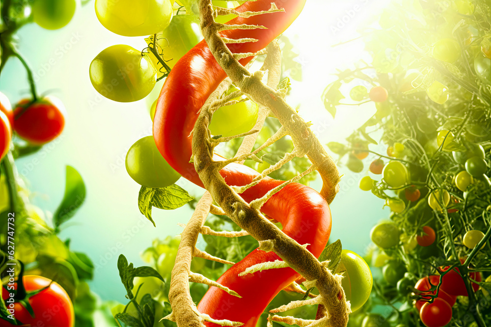 Helix DNA strand of GMO food. Genetically modified crop, biotechnology ...