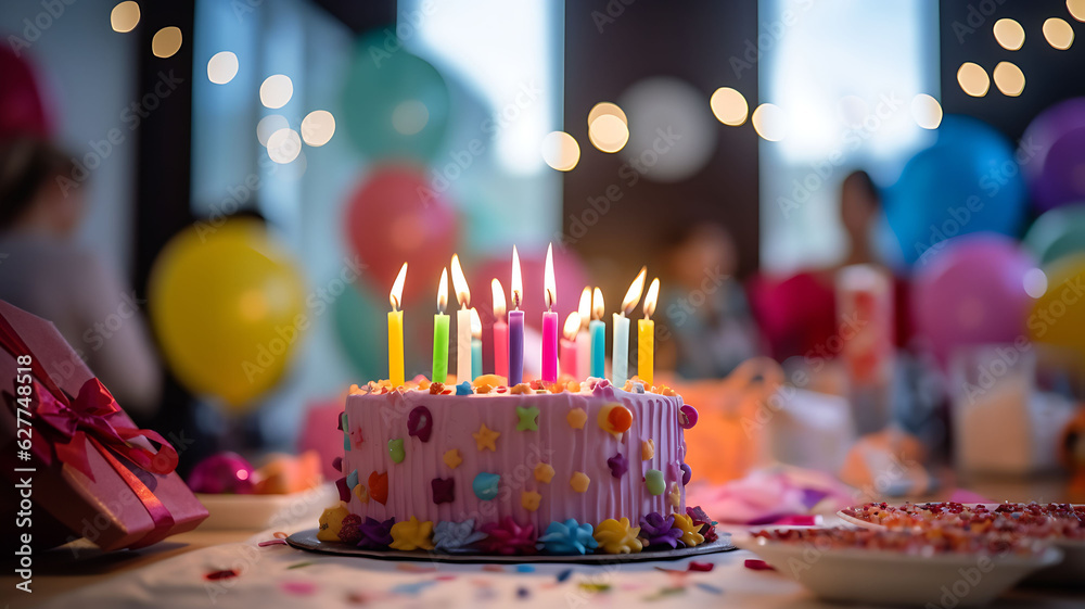 pink birthday cake with candles, birthday party for children, children ...