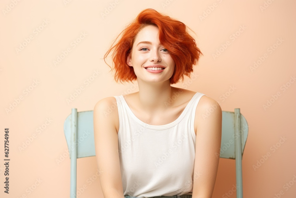 Beautiful young fictional ginger woman model sitting on a chair and ...