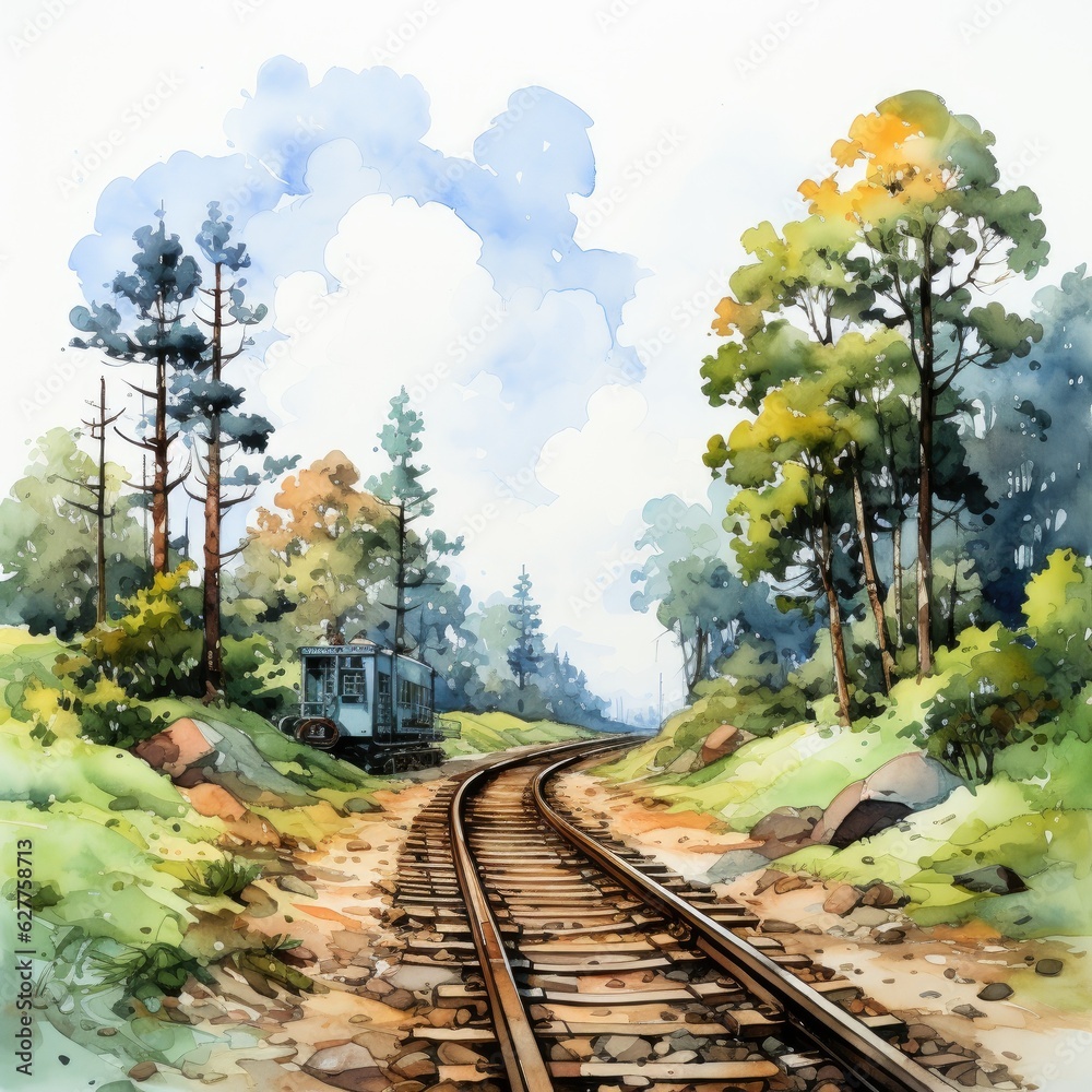 Watercolor Clipart Train Tracks Leading into the Distance, on white ...