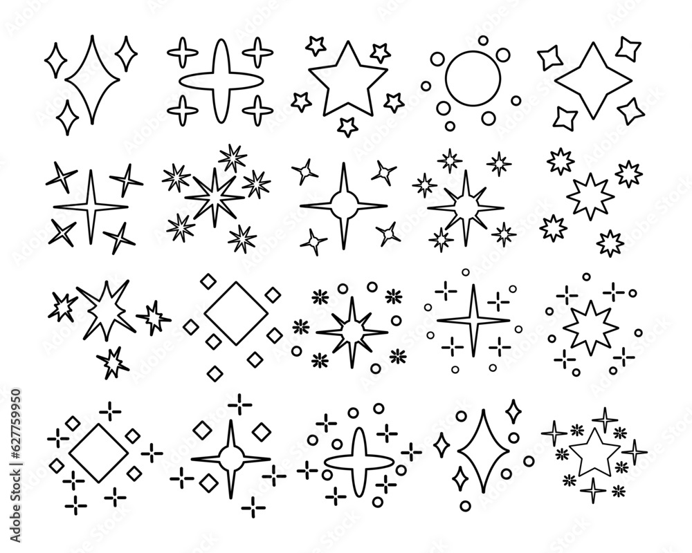 Sparkling stars element hand-drawn outline sketch illustration Stock ...