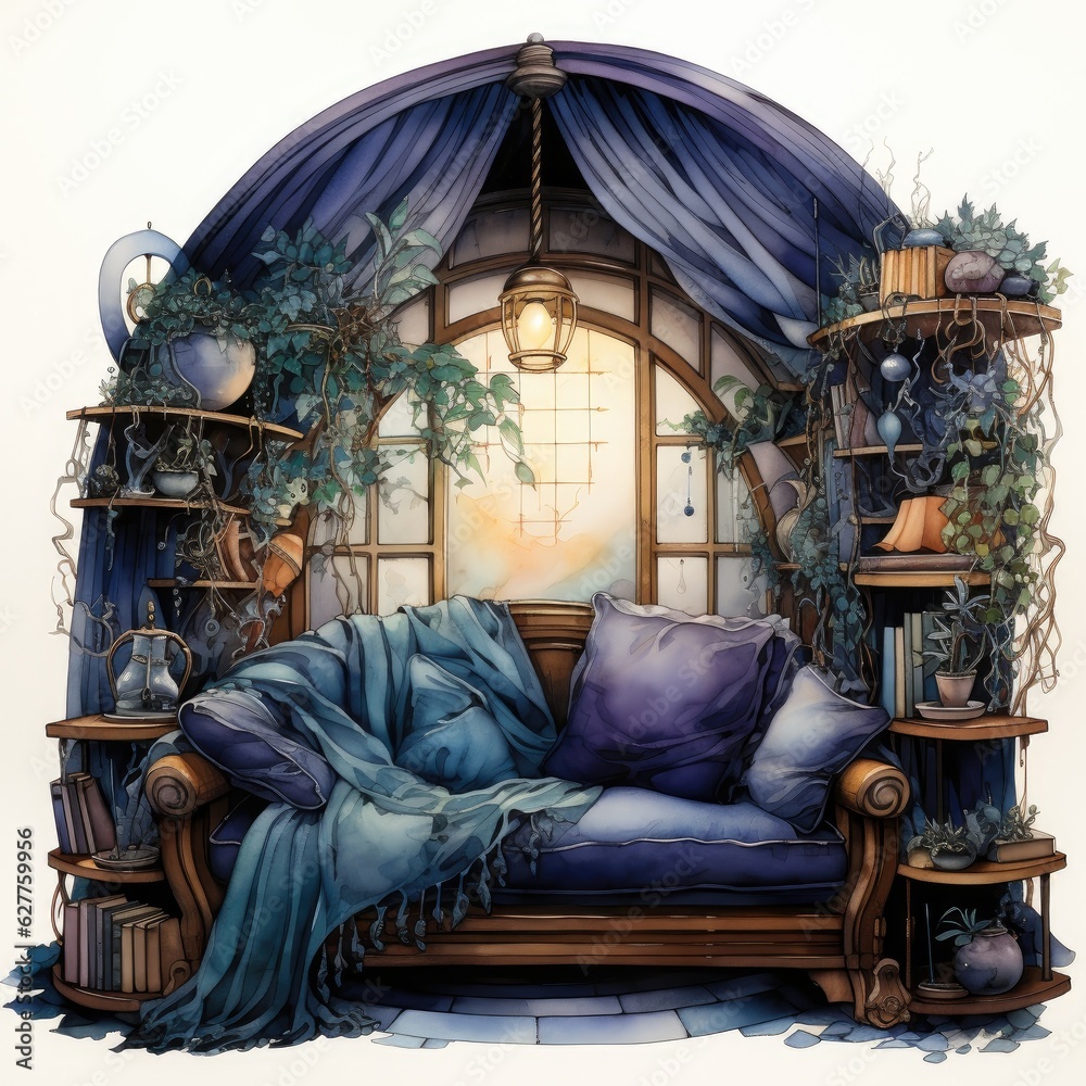 Hand Painted Watercolor Clipart Nighttime Reading Corner Stock ...