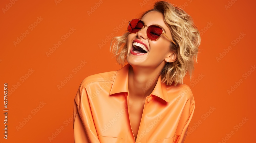 Blond young happy and funny woman laughing wearing 80s fashion in ...