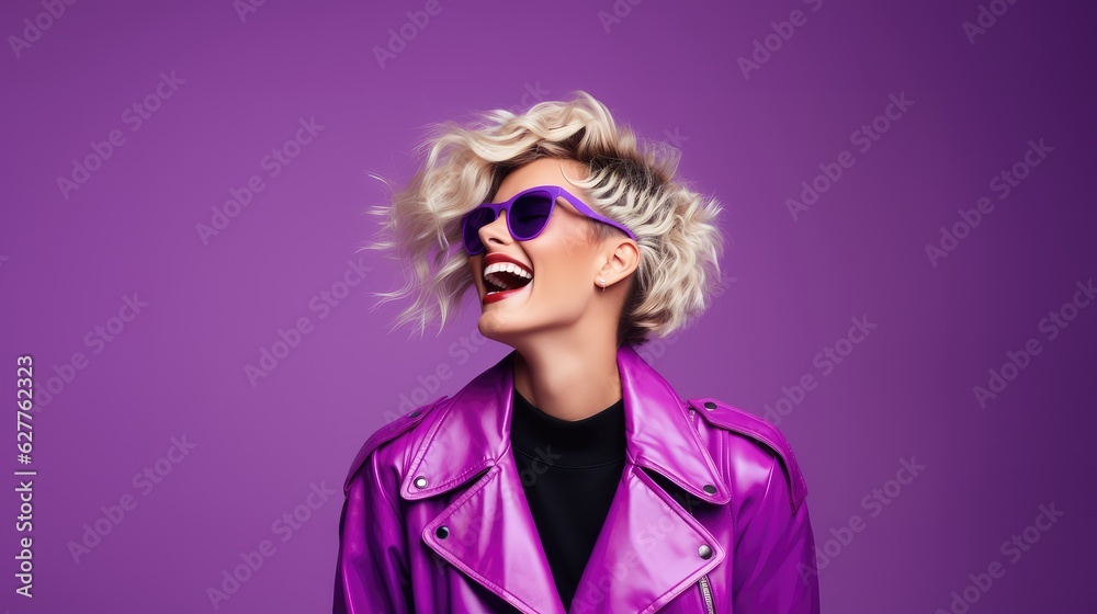 Blond young happy and funny woman laughing wearing 80s fashion in ...