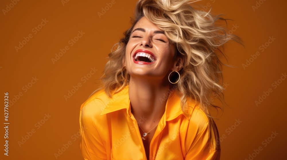 Blond young happy and funny woman laughing wearing 80s fashion in ...