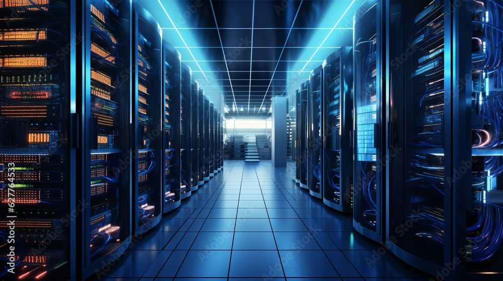 A dark server room with tall industrial looking storage with neon ...