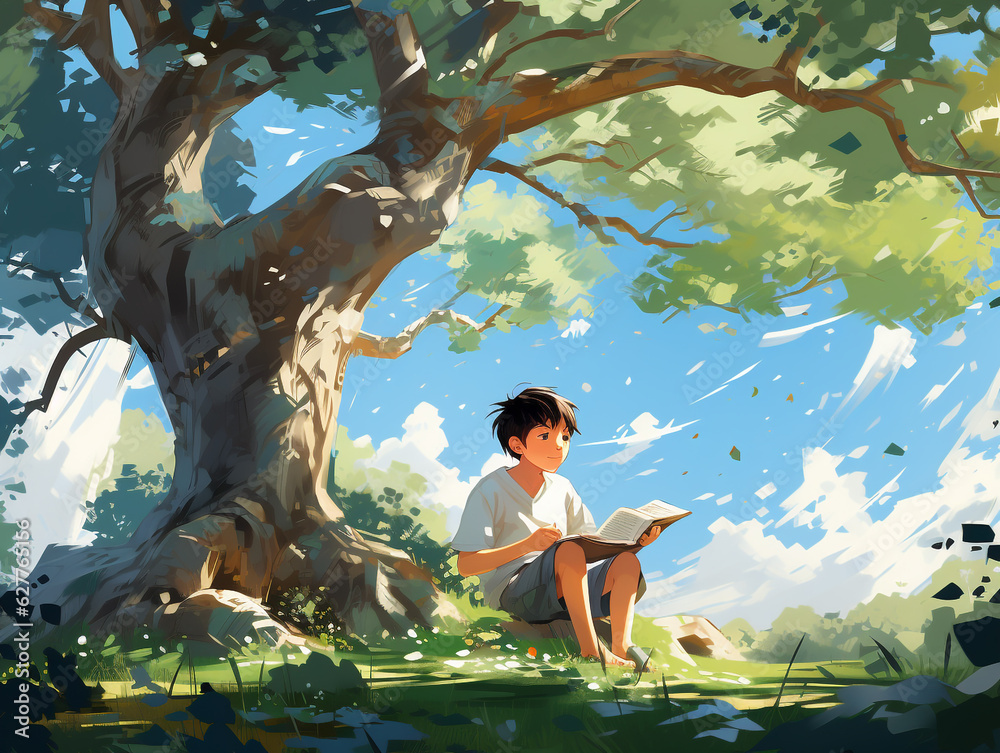 An illustration of a boy reading a book under the shade of a shady tree ...