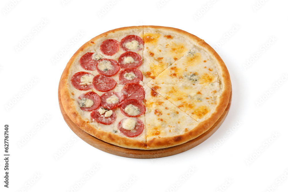 double pizza with pepperoni and dor blue cheese on white background for ...