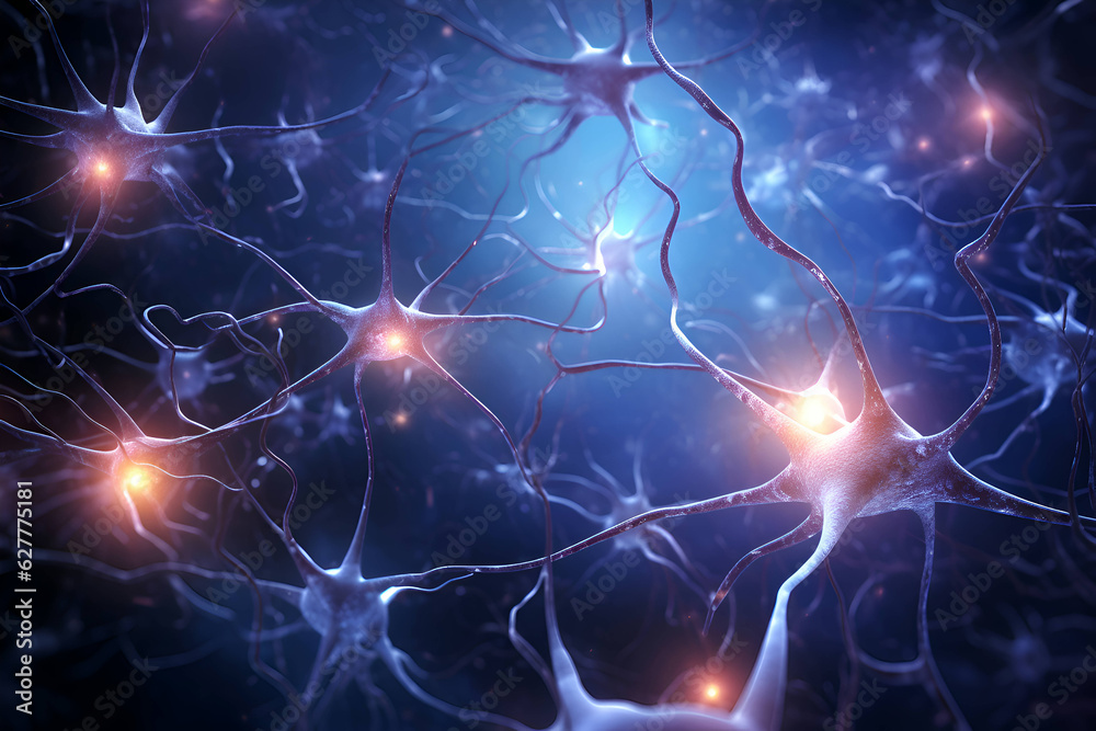 Illustration of the microscopic inside of a human brain. Neurons send ...